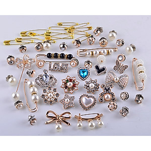 Charms for Socks Safety Pin Brooch,55pcs Junk Sock Charms Pins Gold Bling Sock Jewelry Charms,Brooch Pins for Socks,Pearl Rhinestone Brooch Pins Costom Shoe Sock Charms Kit Bulk for Hat Clothes