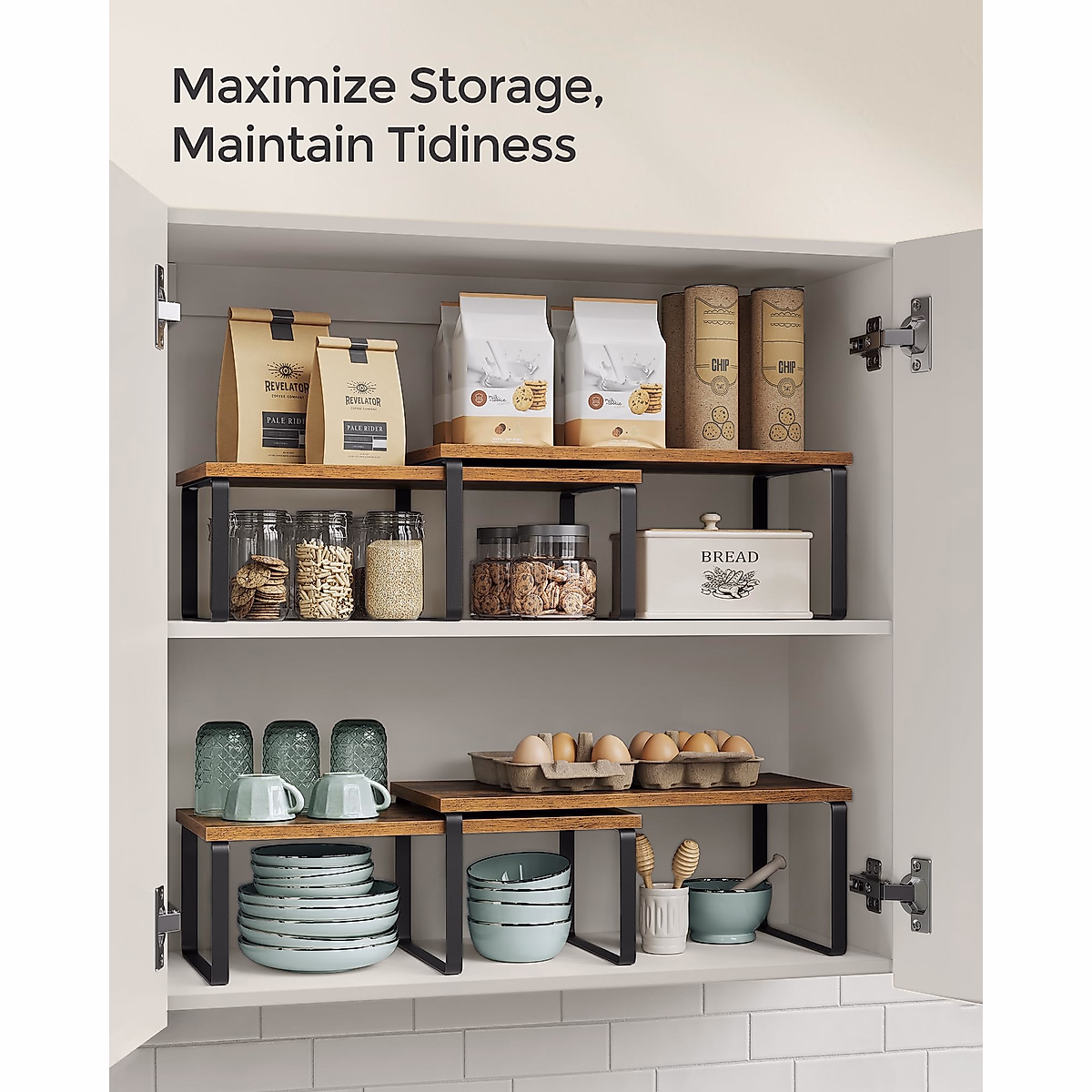 SONGMICS Cabinet Organizer Shelf, Set of 2 Kitchen Counter Shelves, Kitchen Storage, Spice Rack, Stackable, Expandable, Metal and Engineered Wood, Ink Black and Rustic Brown UKCS200X01