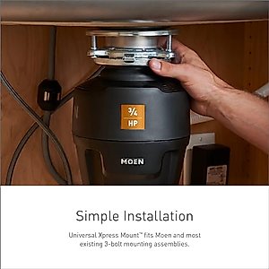 Moen Prep Series Disposer 1/2 Horsepower Continuous Feed Garbage Disposal featuring Fast Track Technology, Power Cord Included, GT50C