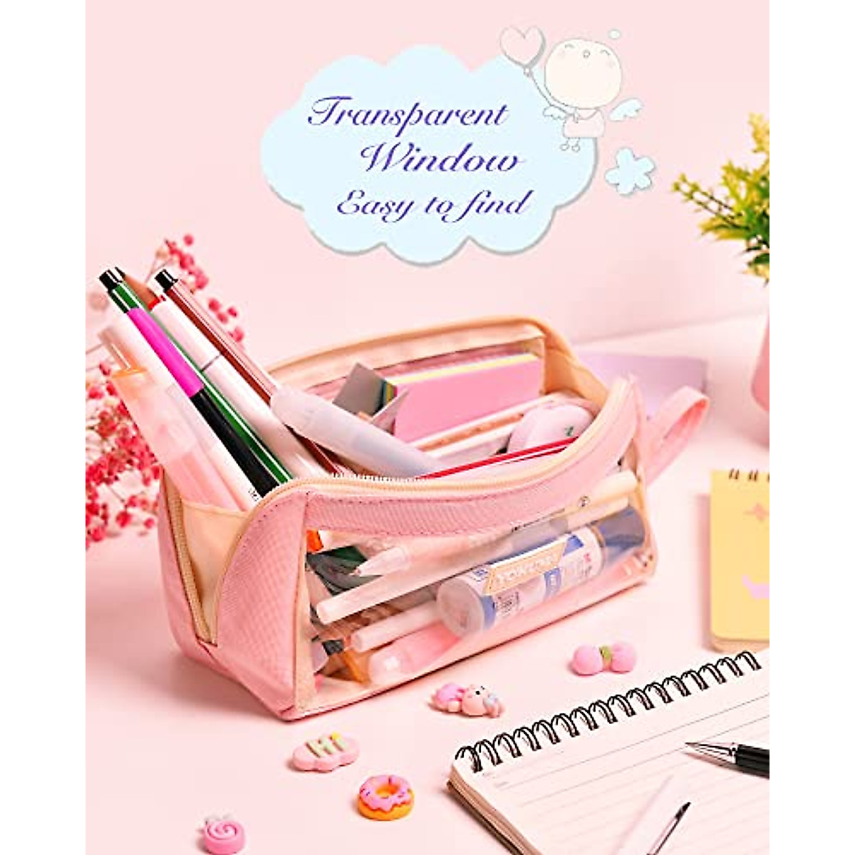 YOKUMA Clear Aesthetic Pencil Case Pouch Cute Kawaii Mark Pen Case Organizer Transparent Colored Large Capacity Makeup Bag for Girls Teen College Students Adults, Back to School Supplies (Pink)