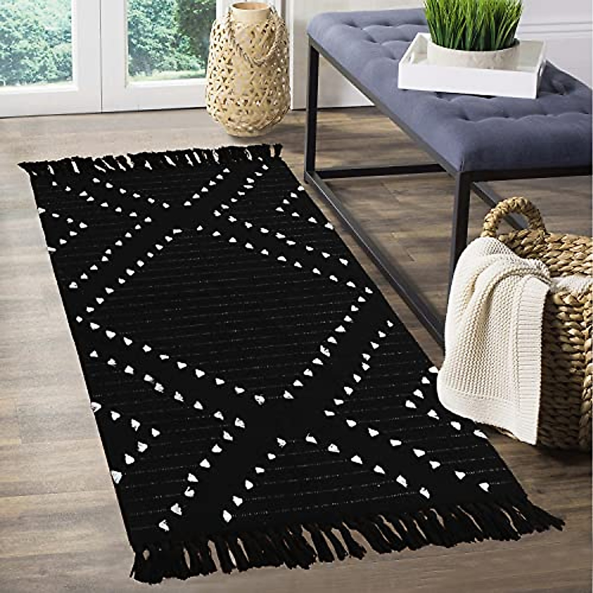 HAOCOO Boho Bathroom Runner Rug 2’ X 4.3’, Black Geometric Washable Woven Cotton Diamond Area Rug, Chic Moroccan Tribal Tassel Kitchen Rug,Throw Floor Mat Carpet Decorative for Living Room Bedroom