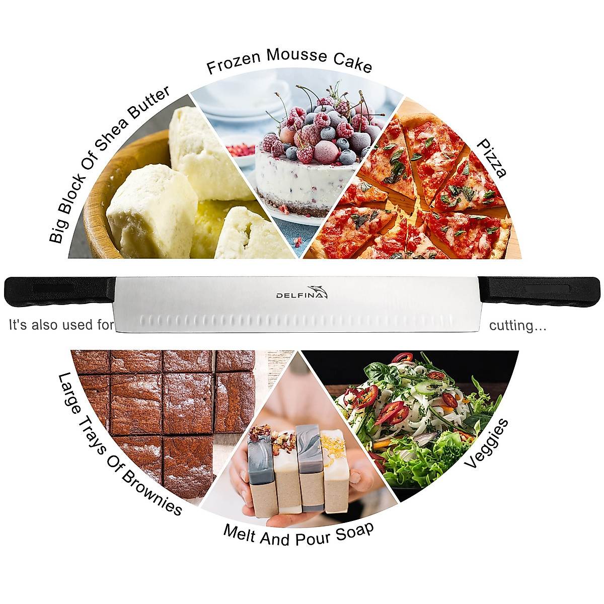 DELFINA 15 Inch Double Handle Cheese Knife with Blade Protector, Stomatal Blade with 5" Plastic Comfortable Handles, Cheese Knife for Cheese,Cakes,Vegetables,Butter,Soaps