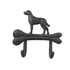 Comfy Hour 7.09" Cast Iron Dog On Bone Double Key Coat Hooks Clothes Rack Wall Hanger, Heavy Duty Recycled, Black, Antique & Vintage Collection