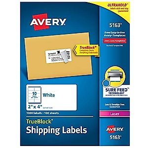Avery Shipping Address Labels, Laser Printers, 1,000 Labels, 2x4 Labels, Permanent Adhesive, TrueBlock (5163)