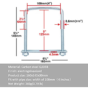 6 Pcs Square U-Bolts 4 inch Inner Width, Galvanized Steel Square Trailer U-Bolt, Square Bend U-Bolts, U Clamps, Adjustable Length: 64-125mm(2-1/2"-5")