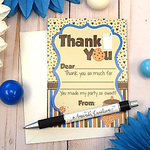 Milk & Cookies Blue & Brown Birthday Thank You Notes, Ten 4" x 5.5" Fill In The Blank Cards with 10 White Envelopes by AmandaCreation