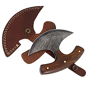 Hercules Knives Custom San Mai Damascus Steel Traditional Alaskan Ulu Knife Multi-Purpose Pizza Cutter, Vegetable Chopping, Boning Slicing Cutting Walnut Handle Leather Sheath (UL-05)