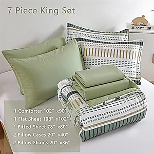 Davulos Boho Stripe Comforter Set King Size 7 Piece Bed in a Bag, White Sage Green Patchwork Striped Comforter and Sheet Set, Soft Microfiber Complete Bedding Set for All Season(Green,King)