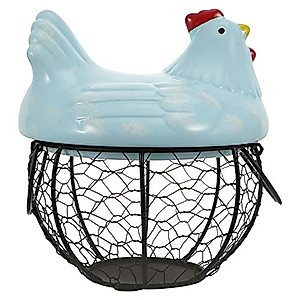 DOITOOL Metal Mesh Egg Basket Ceramic Egg Storage Basket with Farm Chicken Top for Home Kitchen Egg Holder Food Storage Container (Blue)