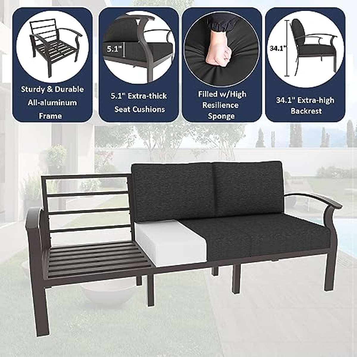 ALAULM Aluminum Patio Furniture Set with Propane Fire Pit Table 9-seat Metal Outdoor Furniture w/Fire Pit Patio Sectional w/5.1" Cushions for Patio, Backyard, Poolside-Black