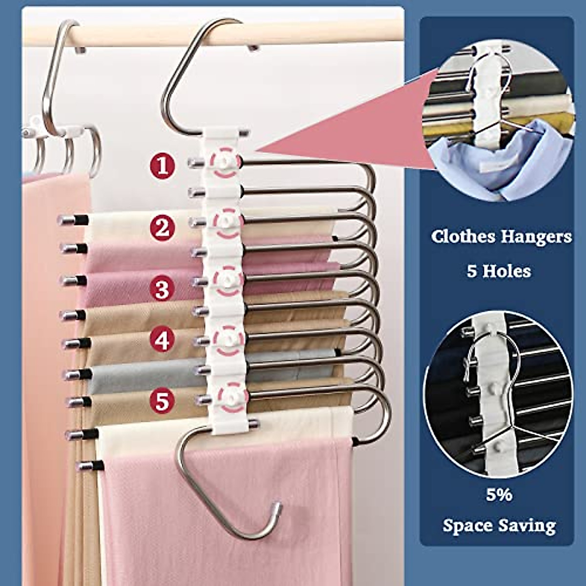 Pants Hangers Space Saving [Upgrade] Collapsible Pants Hangers Multifunctional Pants Rack Hanger for Closet Trousers Scarf Jeans Slack 9 Tier Pants Hanger with 5 Extra Clothes Hangers (1 Pc)