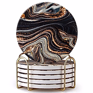 6 Pcs Black and Gold Marble Coasters with Holder Round Coasters for Drinks Best Absorbent Coasters Marble Coaster Sets Personalized Drink Coasters Coffee Table Cup Coaster Beer Coasters