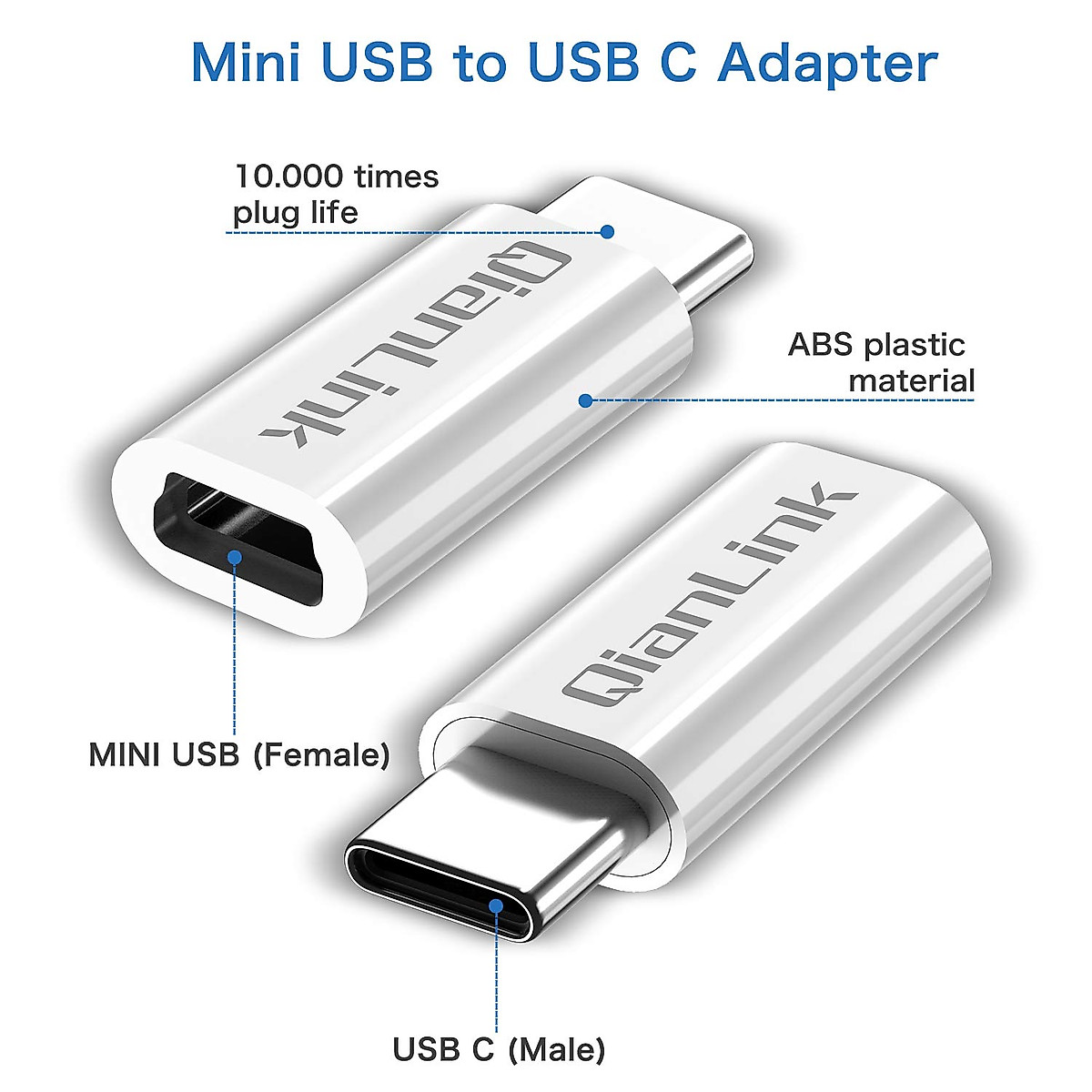 Mini USB to USB C Adapter, (2-Pack) Mini USB Female to USB C Male Convert Charging & Data Sync Compatible with Samsung Galaxy S10 S9 S8 Plus Note 9 8, LG V40 V35 V30 V20 G7 G6 G5,Moto Z2 Z3