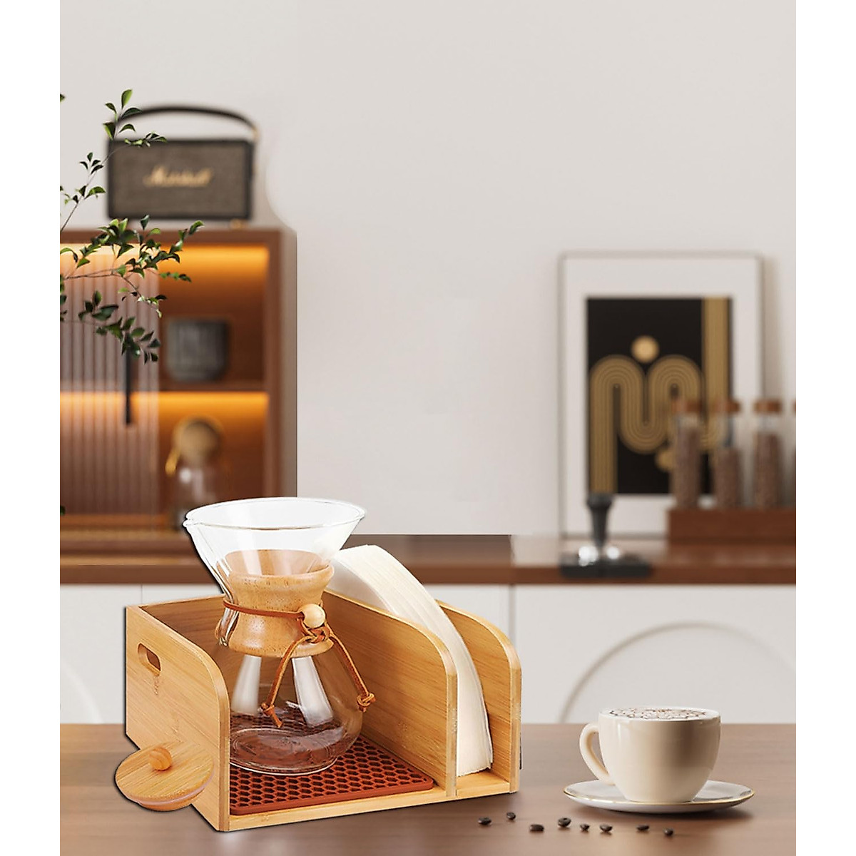 PrimZooty Bamboo Caddy with Lid & Heatproof Trivets Mat for Chemex CoffeeMakers - Designed for Chemex Pour - Over Glass Coffeemaker(3/5/6/8/10Cup), for Bodum Pour Over Coffee makers(4/8Cup)