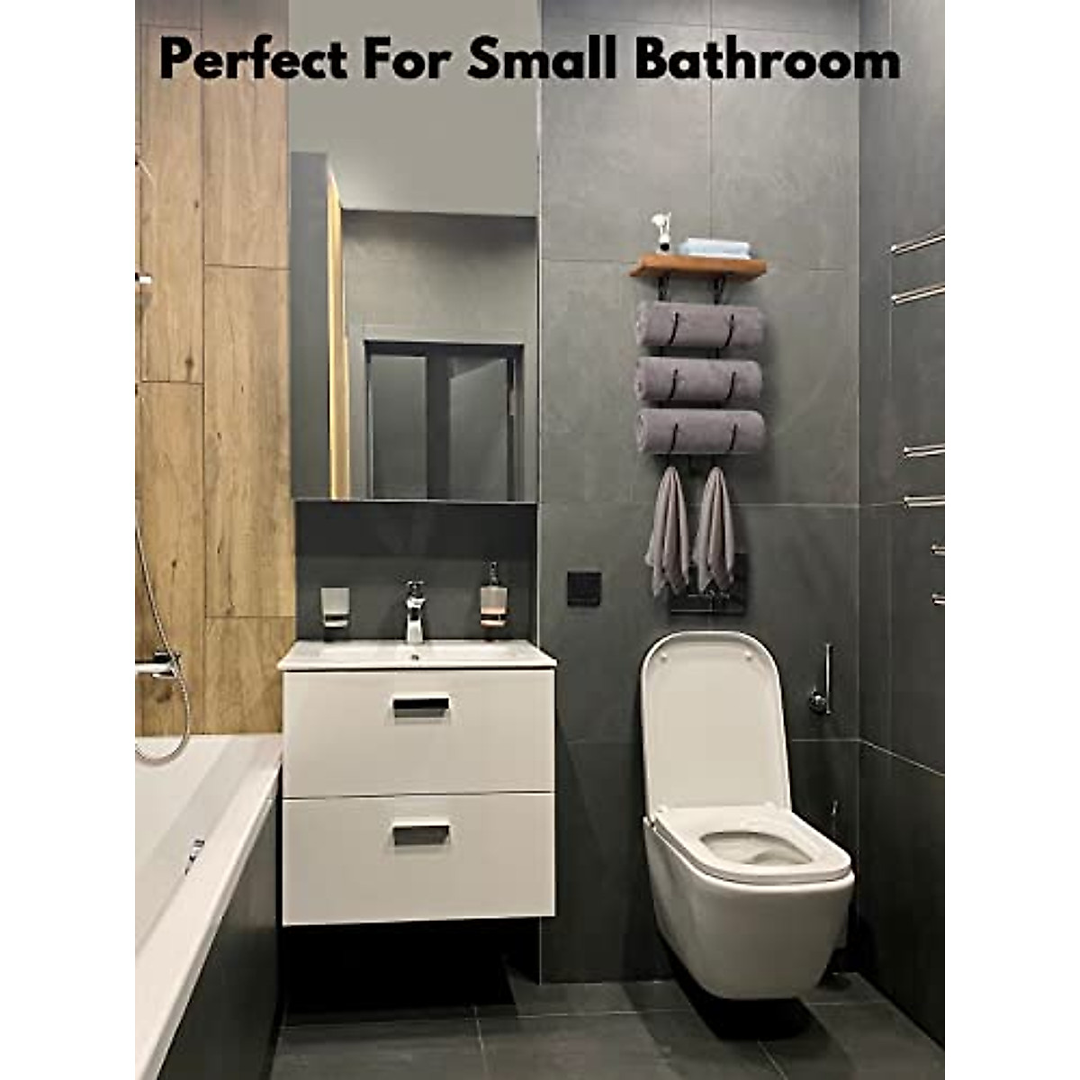 Towel Rack Wall Mounted for Bathroom, IRIIJANE Metal Bath Towel Holder Storage Hand Towels w/Wood Shelf and 3 Hooks for Small Bathroom Organizer Decor or RV Camper, Black