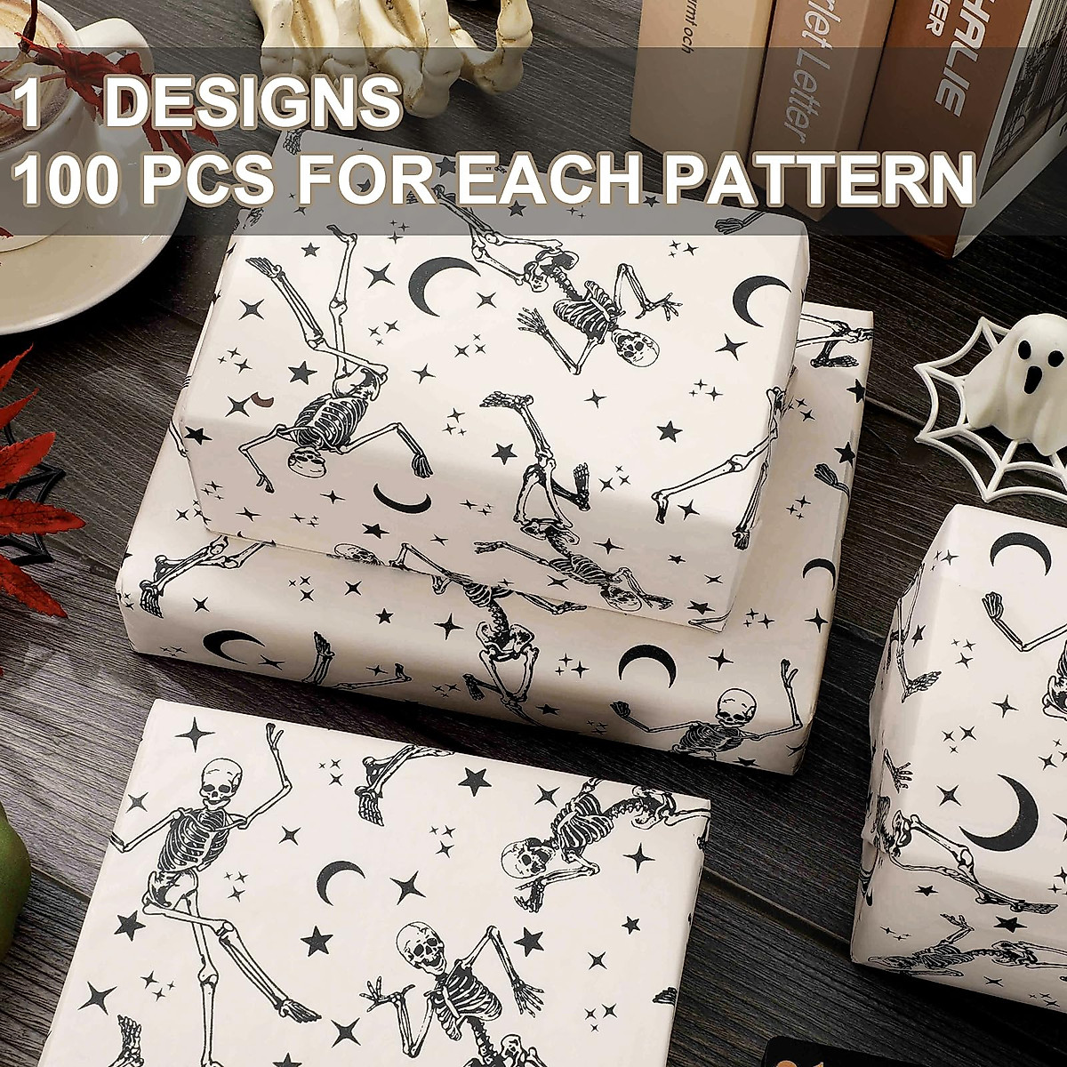 Whaline 100 Sheets Halloween Tissue Paper Dancing Skeleton Gift Wrapping Paper Decorative Art Paper for Home Party DIY Crafts Supplies, 14 x 20 Inch