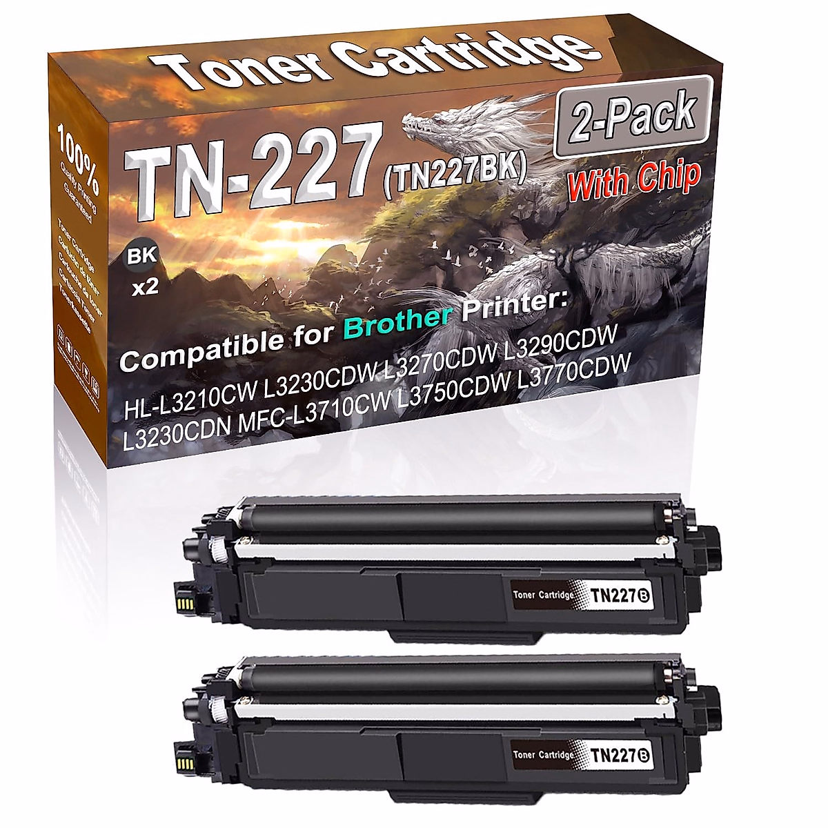 SINIYA 2-Pack (Black) Compatible High Yield TN-227 TN227 (TN-227BK) (with Chip) Printer Toner Cartridge use for HL-L3210CW L3230CDW L3270CDW L3290CDW L3230CDN MFC-L3710CW Printers