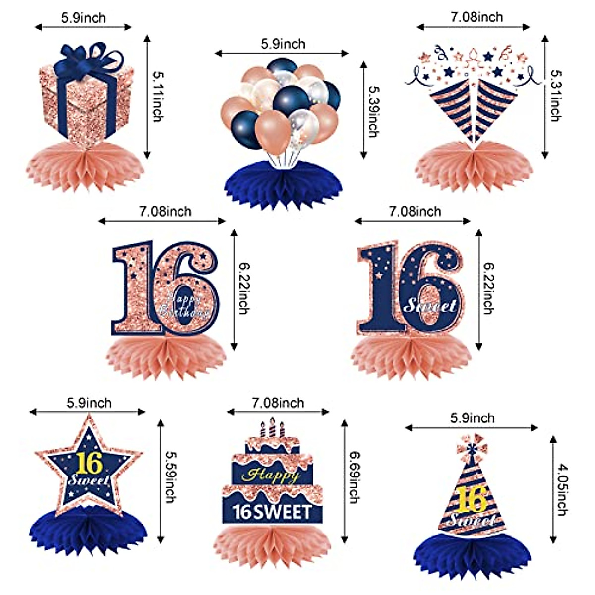 Rose Gold Navy Blue 16th Birthday Decorations Table Centerpieces for Women Girls, 8Pcs Happy 16 Birthday Honeycomb Centerpiece Party Supplies, Sweet 16 Birthday Table Toppers Sign Decor
