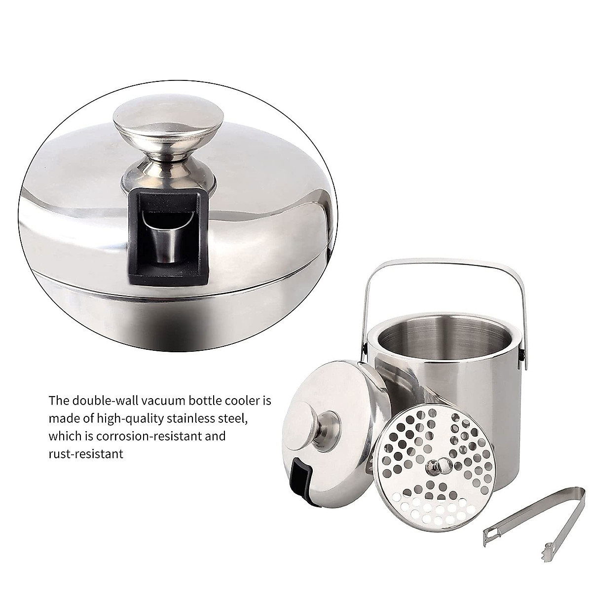 Solid Stainless Steel Ice Bucket for cocktail bar, with Strainer Airtight Lid and Tongs, Well Made Insulated Stainless Steel Double Wall Keep Ice Frozen Longer, Portable and Mini (1.3L)