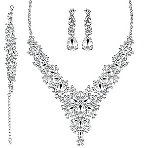 3 Pieces Wedding Bridal Rhinestone Crystal Jewelry Set Statement Necklace Bracelet Teardrop Dangle Earrings Set for Women Girls fit with Bridesmaid Wedding Party Prom Dress Jewelry Set