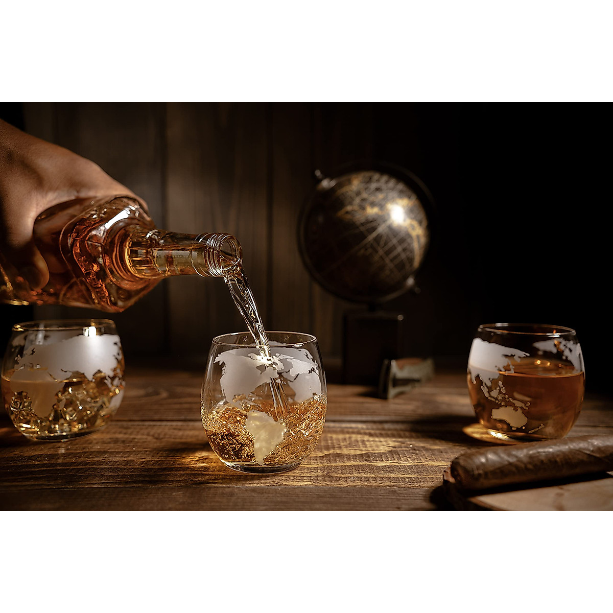 Etched World Globe Glasses 10 oz -Set of 4 by The Wine Savant, Wine, Whiskey, Scotch, Vodka Water or Juice Old Fashion Glasses, World Glasses Etched Globe