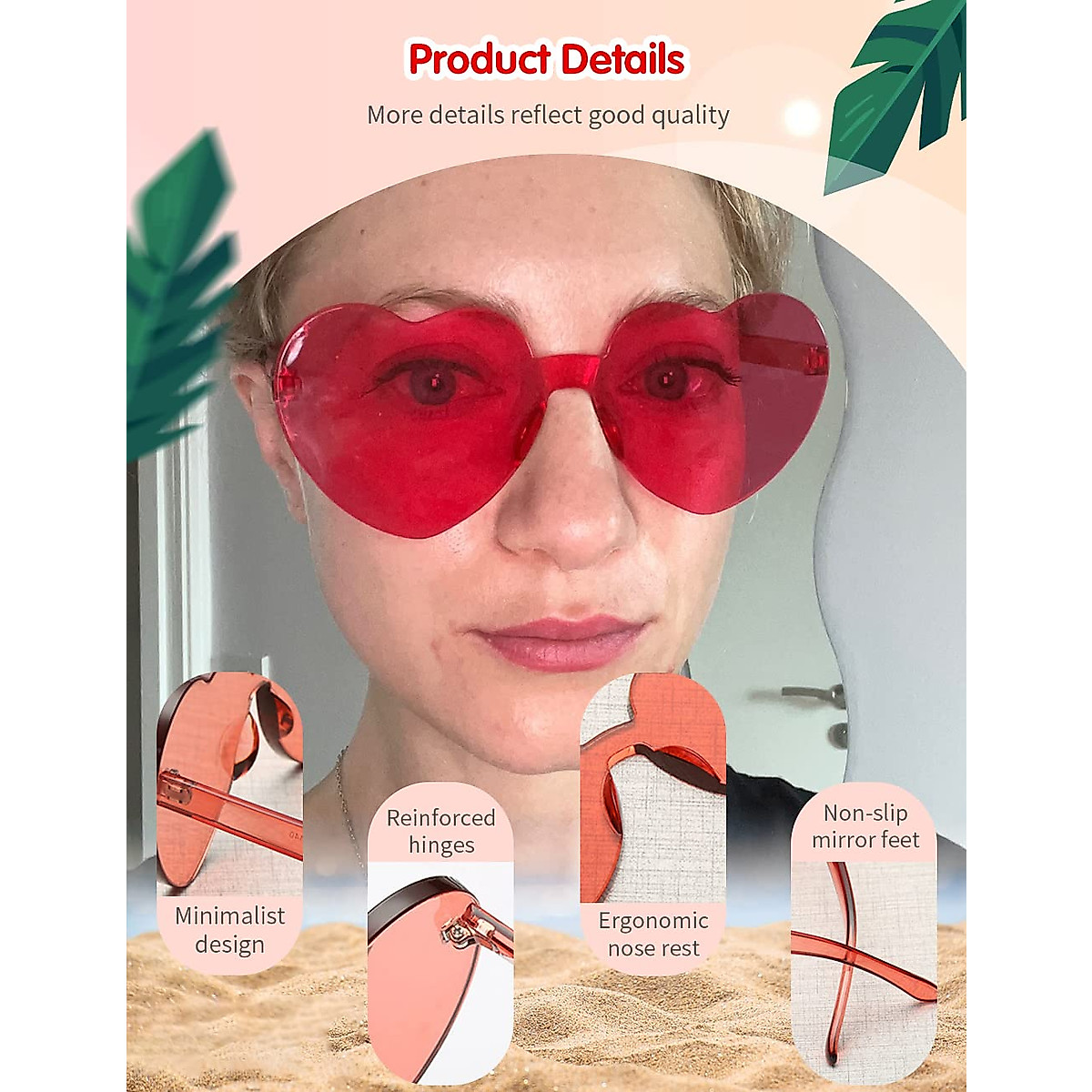 Heart Glasses 9 Pieces, Rimless Heart Shaped Sunglasses, Candy Color Heart Shaped Glasses, Party Sunglasses Heart Sunglasses for Women - Party Favors for Birthday Graduation Beach Pool Party