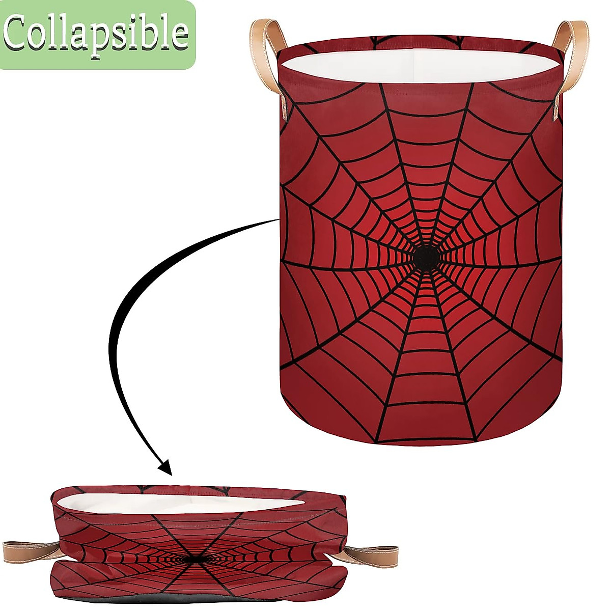 Collapsible Laundry Hamper Basket, Red Spider Web Round Laundry Basket with Leather Handle Storage Organizer Bin for Toys Bin Nursery Home Storage Bedroom Decor