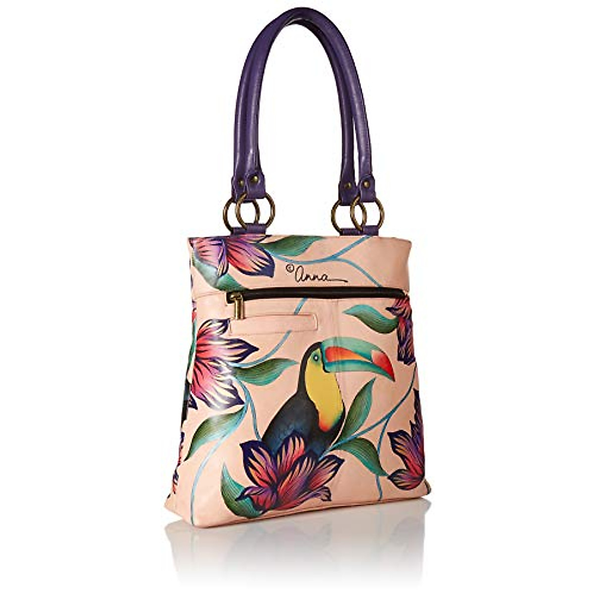 Anna by Anuschka Women's Genuine Leather Large Classic Shopper | Hand Painted Original Artwork | Tropical Toucan, One Size
