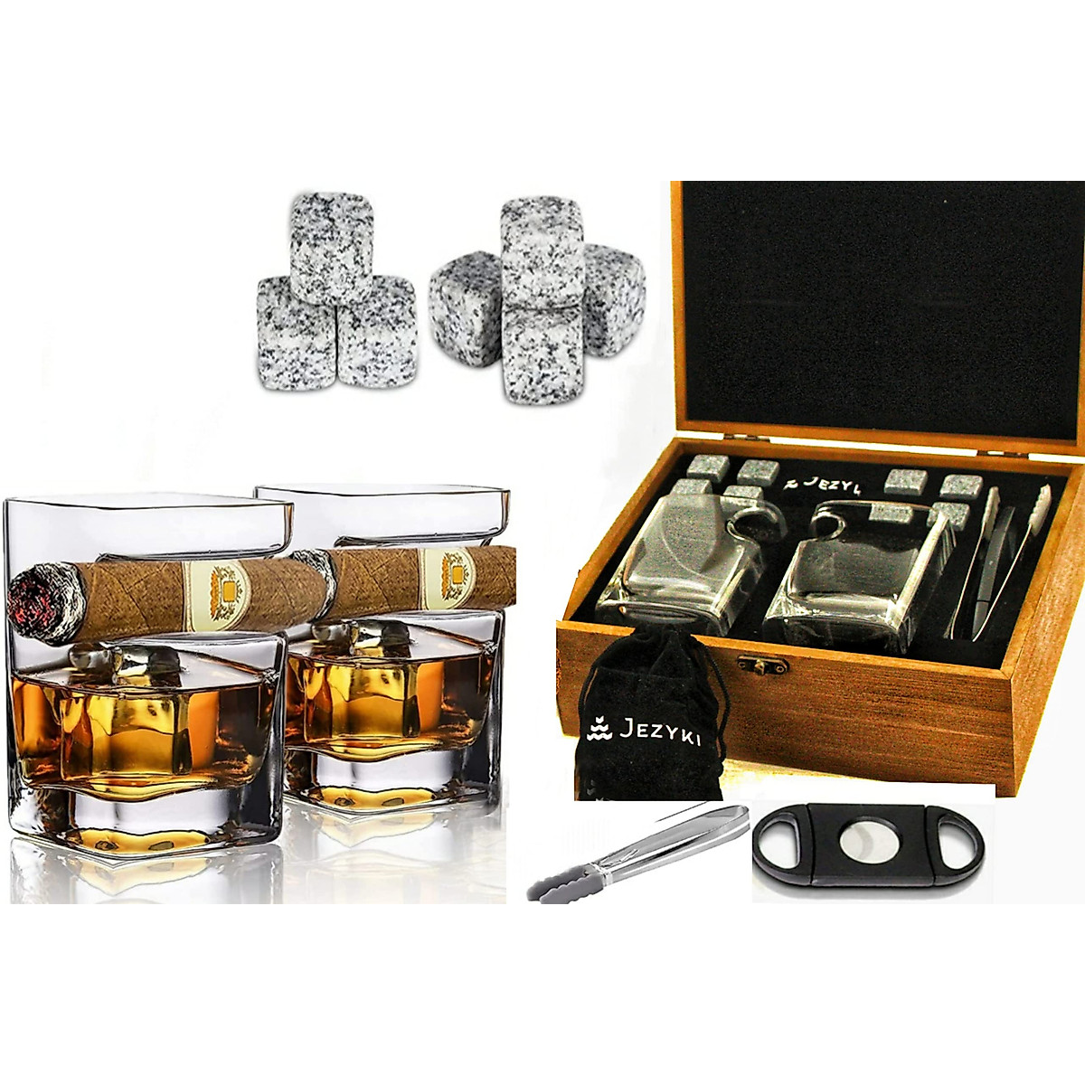 Whiskey gift set for men cigar glasses gift set of 2 Old Fashioned Square Glasses with intended cigar rest, Granite Chilling Rocks, Tongs, Velvet Pouch and cigar Cutter. gift set for men, dad, husband