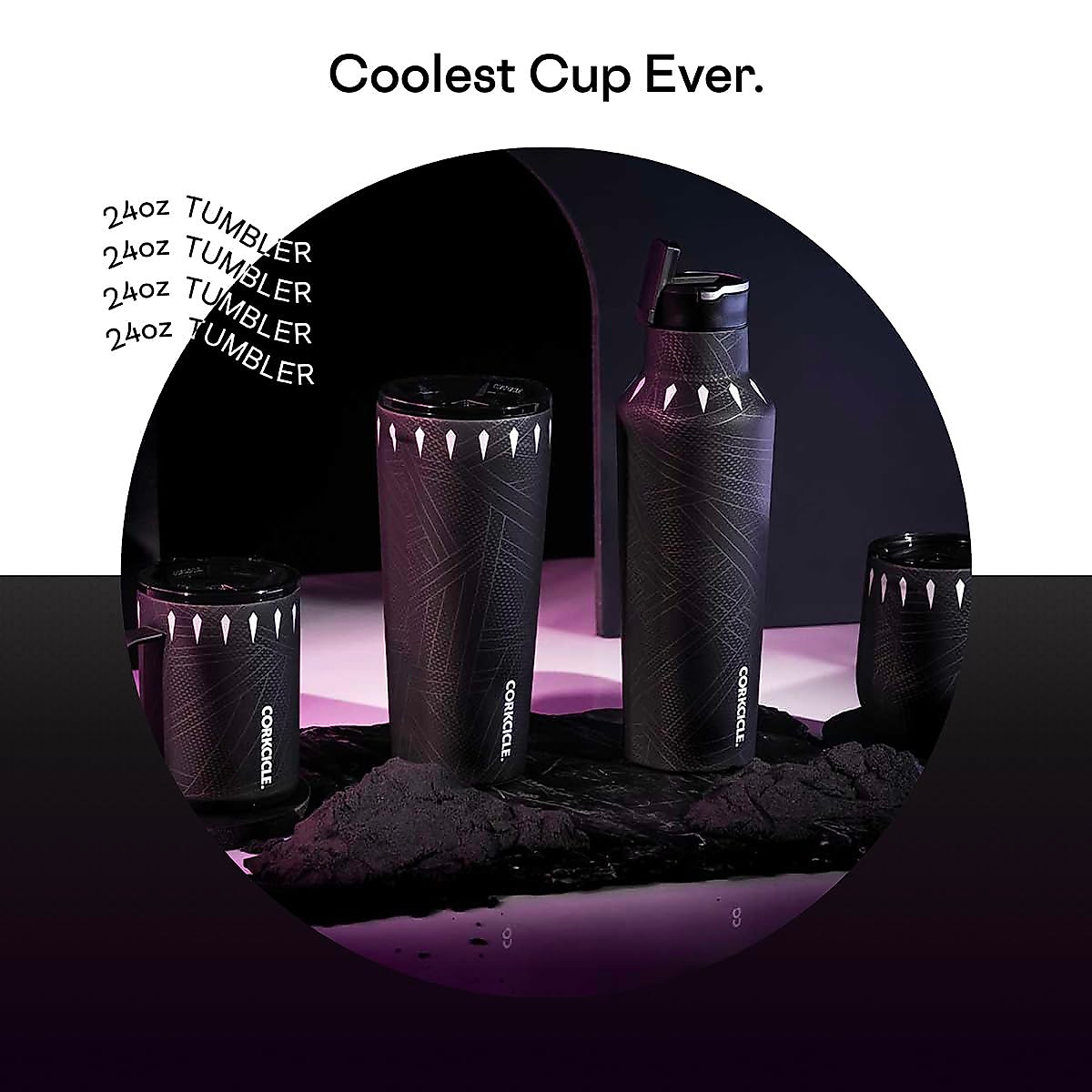 Corkcicle Marvel 24 Ounce Triple Insulated Stainless Steel Travel Cup Tumbler with Lid and Silicone Bottom for Hot and Cold Drinks, Black Panther