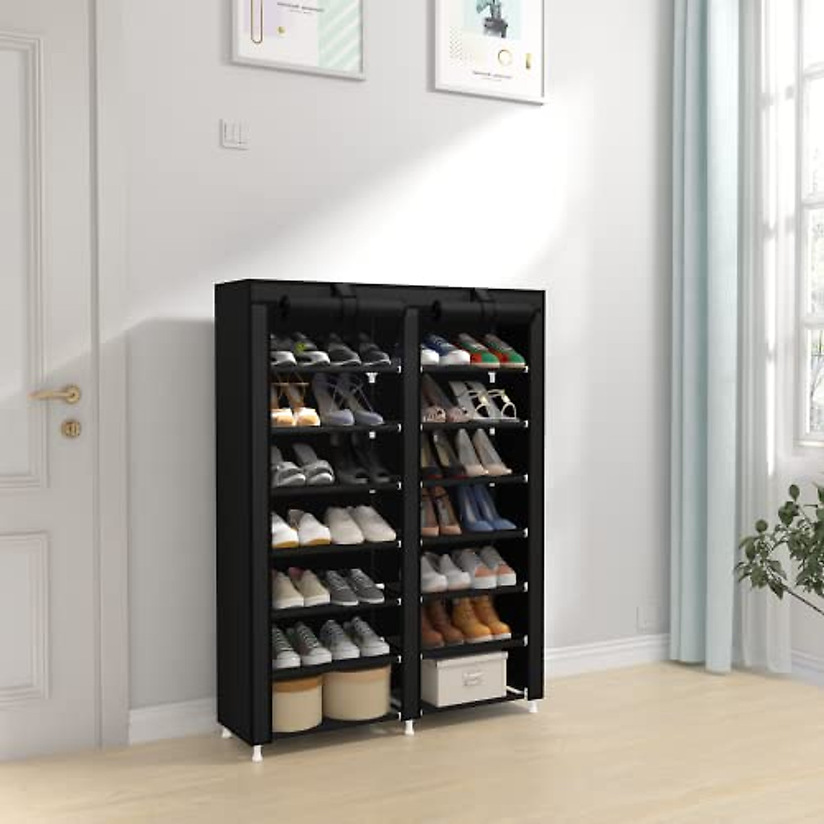 JIUYOTREE 7-Tier Shoe Rack with Dustproof Cover Shoe Storage Organizer Closet Shoe Cabinet Shelf Hold up to 28 Pairs of Shoes for Doorway Corridor Balcony Living Room Black