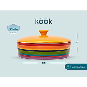 KooK Ceramic Tortilla Warmer, Colorful Design, Perfect for Pancakes, Holds up to 12 tortillas, 8.5 Inch Diameter, Taco warmer 40oz