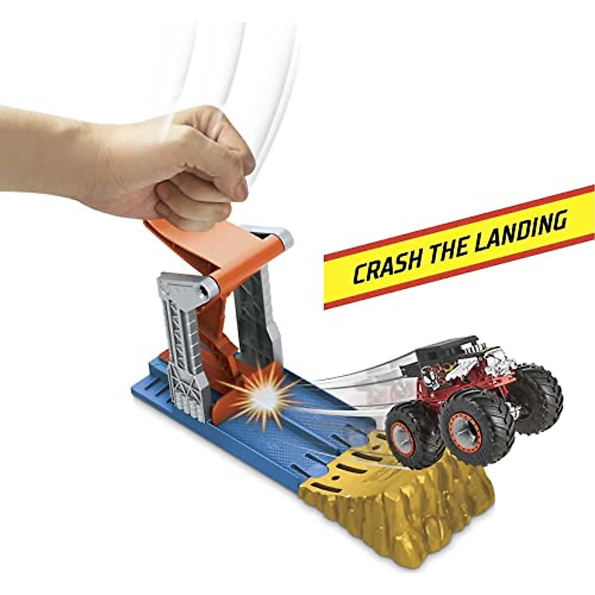 Hot Wheels Monster Trucks Launch & Bash Playset with Launcher, 4 Crushed Cars, 1 1:64 Scale Monster Truck, Landing Zone for Stunting, Crashing Action Great Gift for Kids Ages 4-5-6-7-8