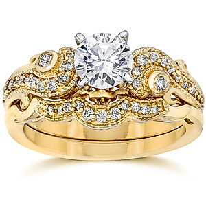 Emery 3/4Ct Vintage Diamond Engagement Wedding Ring Set 14K Yellow Gold - Size 8.5