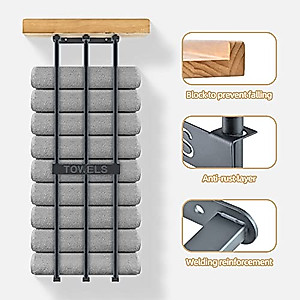 HTCBF Wall Towel Rack for Rolled Towels with Shelf,Upgrade 3 Bar Towel Racks for Bathroom Wall Mounted,Metal Towel Holders with Wooden Shelf,Bath Towel Holder for Folded Large Towel Washcloths