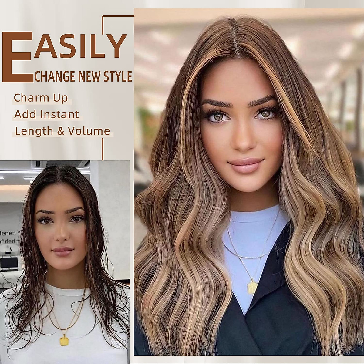 Clip in Hair Extensions, 6 PCS Light Brown Extensions, Wavy Hair Extensions, Natural & Soft Hair & Blends Well Hair Extensions, Chocolate Brown Long Wavy Hairpieces(20inch, 6pcs, Chocolate Brown)