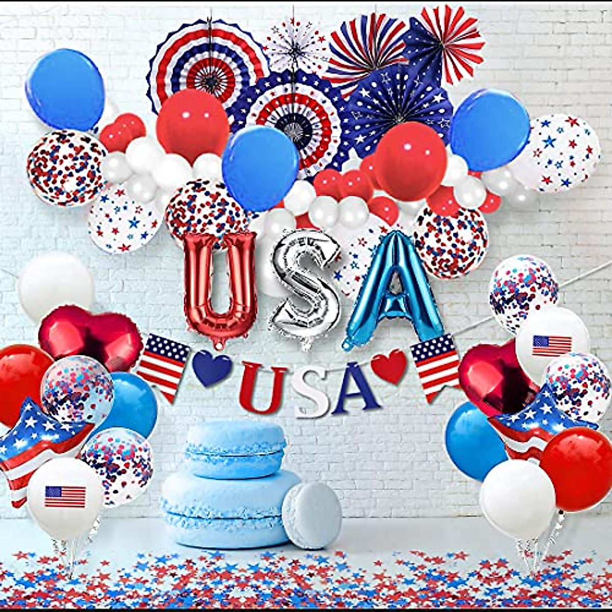 NAIWOXI Patriotic Decorations - American Flag Decorations Included Banner, Paper Fans, Confetti, Photo Booth Props, Garland Balloons, for Presidents Day, Election Day Party, 4th of July Party Supplies