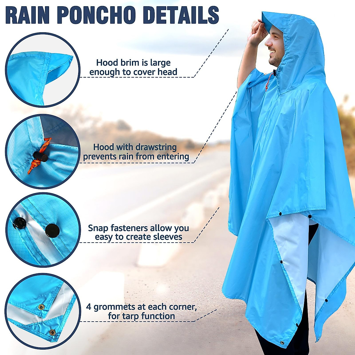 ANYOO Hooded Rain Poncho for Adults Waterproof Lightweight Rain Coats for Men Women Reusable Rain Jacket for Emergency Camping Outdoor Activities