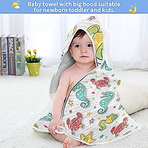 Pigsaly Starfish Seahorse Crab Fish Star Hooded Baby Towel Cartoon Sea Creatures Baby Bath Towel Unisex Soft Organic Cotton Washcloths Toddlers Shower Gifts for Boys Girls Newborn 30 x 30 in