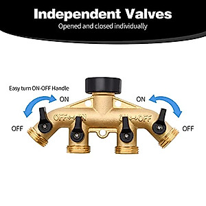 4 Way Hose Splitter, 2 Pack Heavy Duty Brass Garden Hose Splitter, for 3/4" Hose Connector, Hose Spigot Adapter 4 Valves, Brass Garden Hose Manifold with 12 Rubber Washers & 4 Tapes (2 pack 4 way)