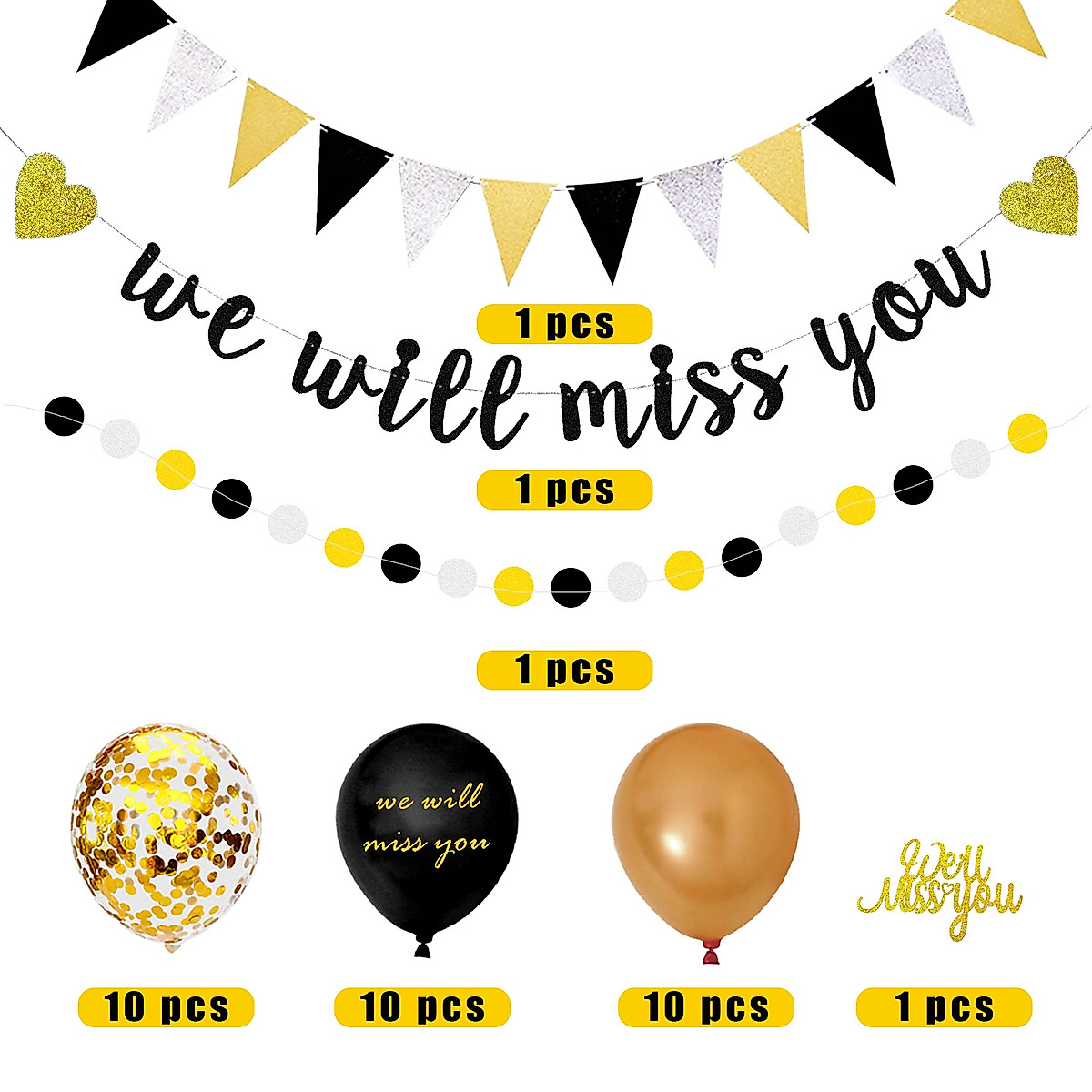 We Will Miss You Banner Coworker Going Away Farewell Decorations Gold Black Glitter Dot Circle Garland Triangle Flag Banner For Goodbye, Retirement, Job Change, later traitor party supplies