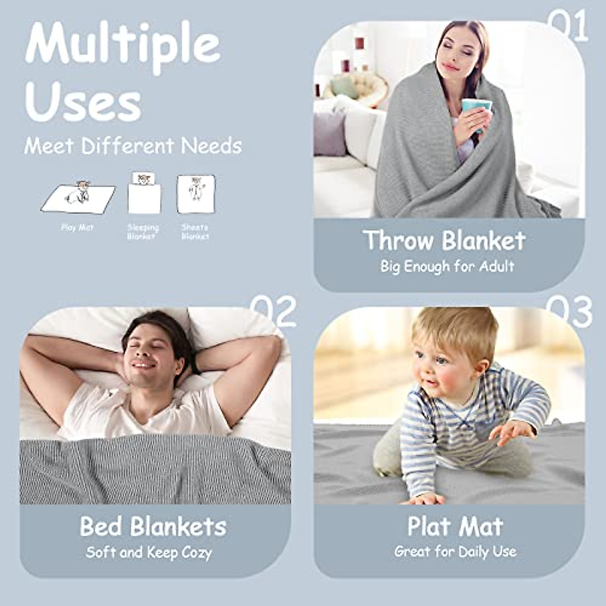 Yoofoss 100% Cotton Knitted Throw Blanket 75" x 55", Breathable Cozy Neutral Thermal Bed Blanket, All Season Decorative Throw Blanket for Couch, Bed, Home Decor, Grey