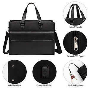 Laptop Bag for Women, Laptop Tote Bag 17 Inch, Waterproof Leather Computer Tote Bag with USB Charging Port, Women Briefcase Business Office Work Bag, Large Capacity Handbag Shoulder Bag Black