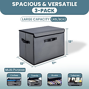 Extra Large 40L 3-Pack Collapsible Storage Bins with Lids, Stackable Storage Bins with Labels, Foldable Closet Linen Storage Box Organizer, Decorative Folding Storage Box Cube Containers, Dark Gray