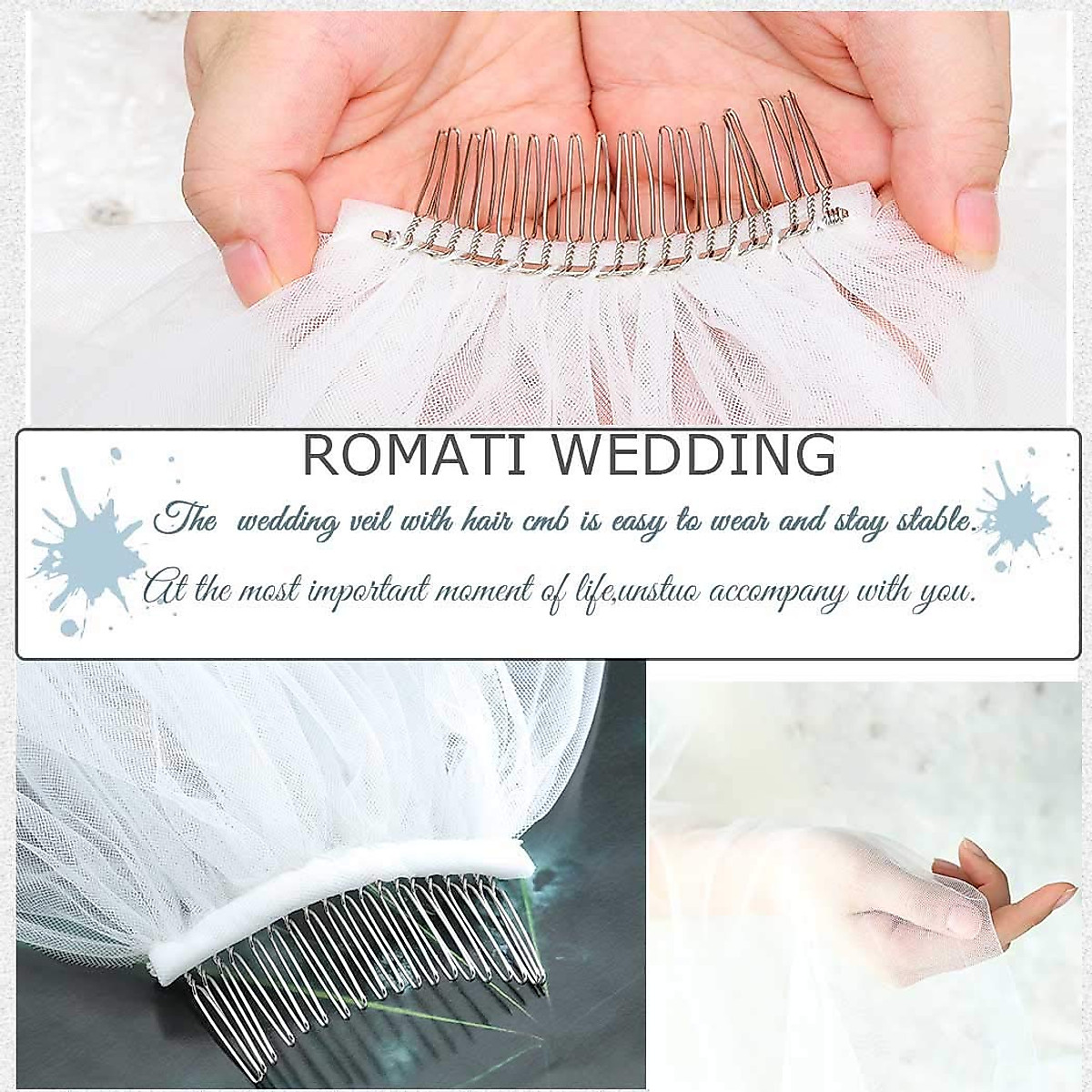 Unsutuo Lace Applique Bride Wedding Veil 1 Tier Short Fingertip Bridal Tulle Veil with Comb for Women and Girls (L:118",W:59", White)