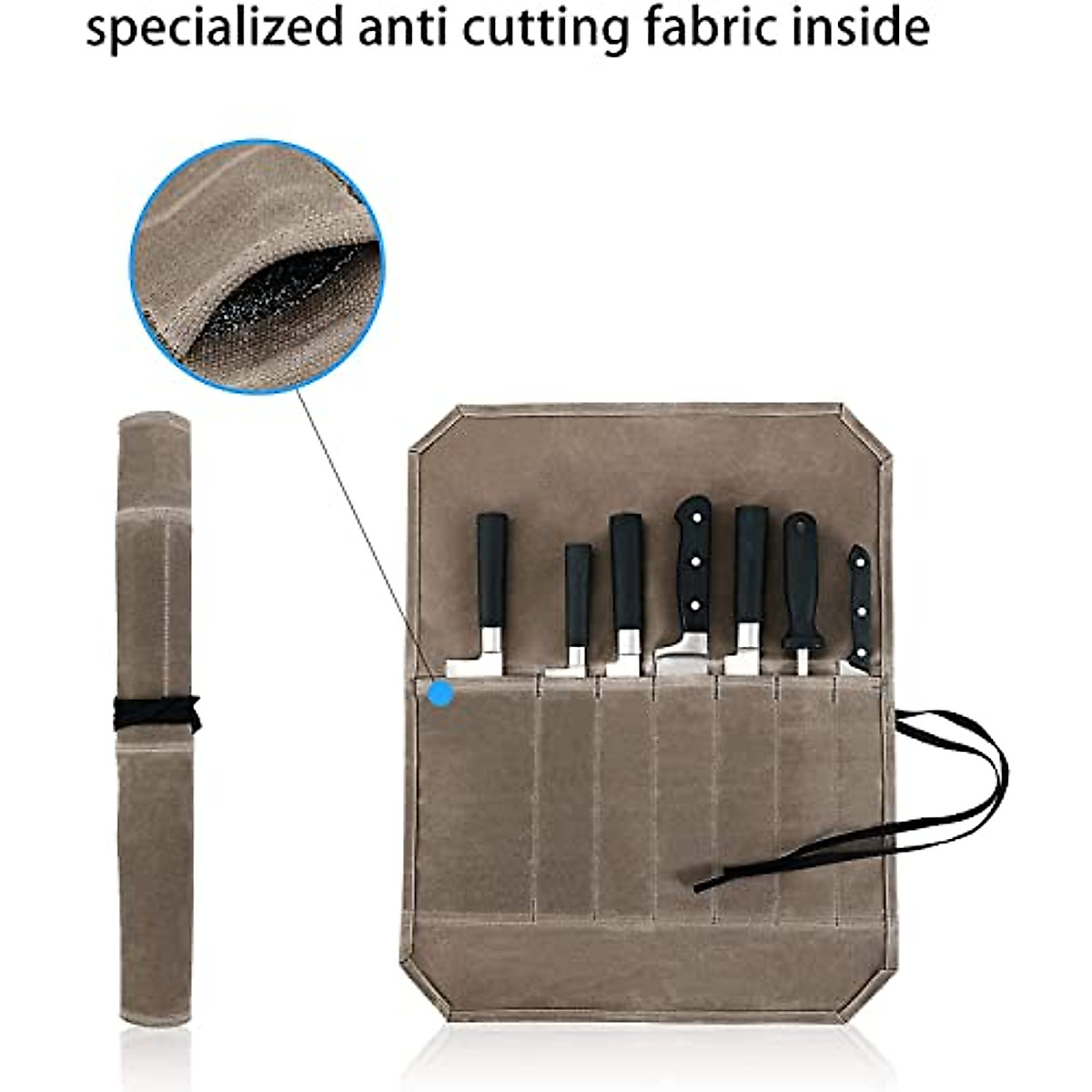 Knife Bag ,Knife Roll,Heavy Duty Knife Case,Waxed Canvas Chef Knife Roll Bag,Fold Up Knife Holders,Canvas Cutlery Holder with 6 Slots, Case Cooking Utensils.Knife Carrying Case Roll.Knives Protectors.