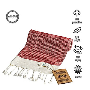 Aegean Concept Turkish Hand Towels Set of 2 | 100% Cotton, 18 x 41 Inches | Decorative Bathroom Peshtemal Towel for Hand, Face, Hair, Gym, Yoga, Tea, Dishcloth, Kitchen and Bath -Red