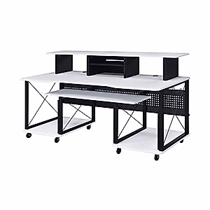 Acme Furniture Megara 72" x 30" Rectangular Metal Storage Music Desk, Included Wheels, Multiple Functional & Storage Spaces, in White and Black Finish