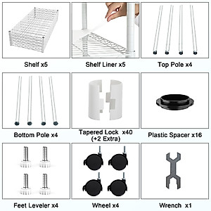 Dolonm 5 Tier Wire Shelving Unit, 750 LBS NSF Storage Shelf, 14"D x 30"W x 60"H, Kitchen Shelf with Liners, Garage Storage Shelves with Wheels, Heavy Duty Metal Pantry Racks, Adjustable Shelf, White