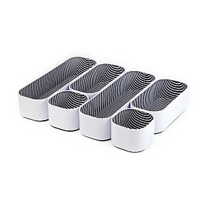 Three by Three Seattle 6 Piece Metal Organizer Tray Set for Storing Makeup, Stationery, Utensils, and More in Office Desk, Kitchen and Bathroom Drawers (2 Inch, Stripes and White)